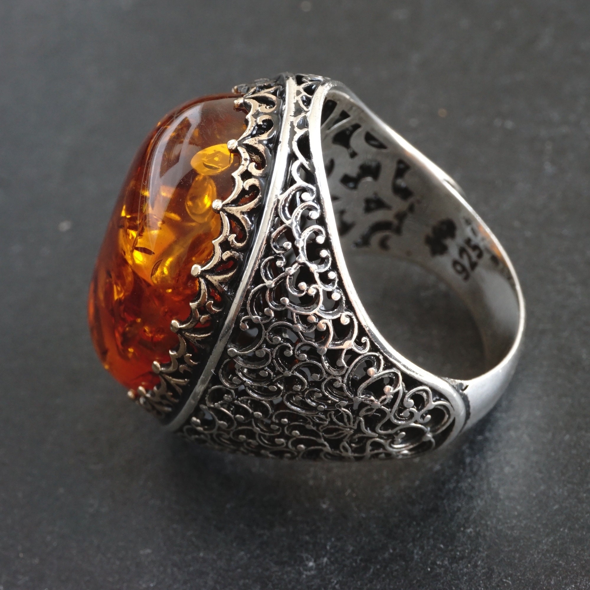 925 Sterling Silver Mens Ring Bakelite Amber Large Unique | Etsy