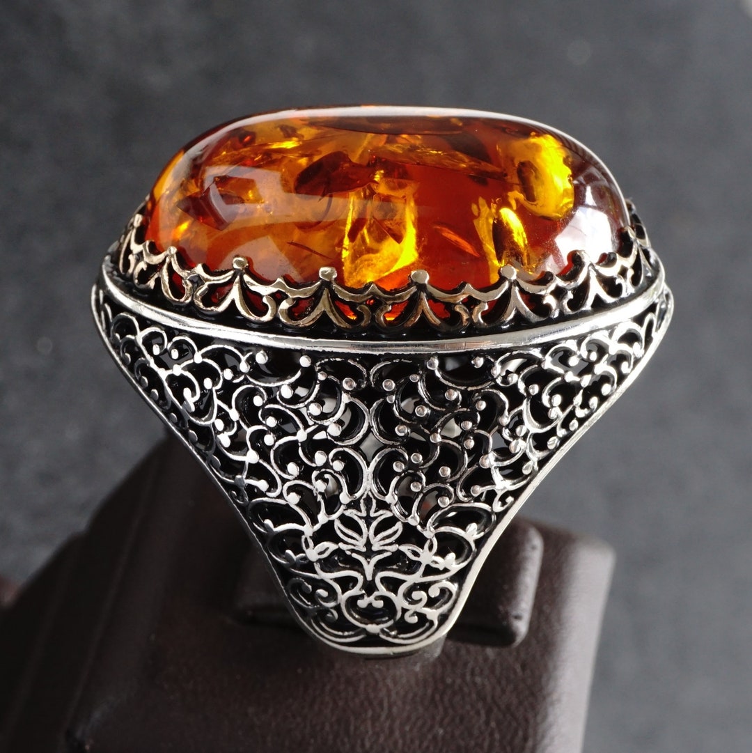 925 Sterling Silver Mens Ring Bakelite Amber Large Unique Handmade ...
