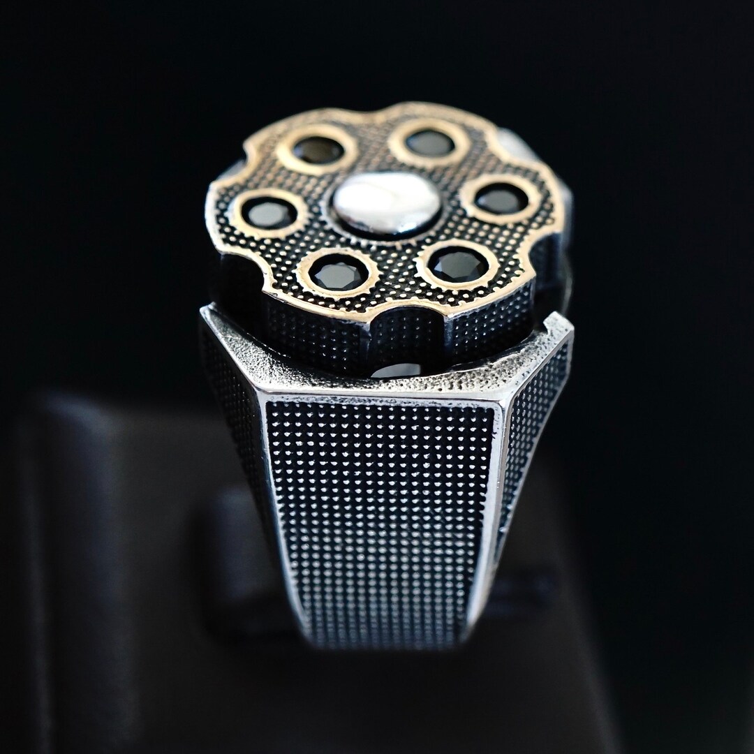 925 Sterling Silver Men's Ring Spinning Revolver Black Diamond Bullets ...