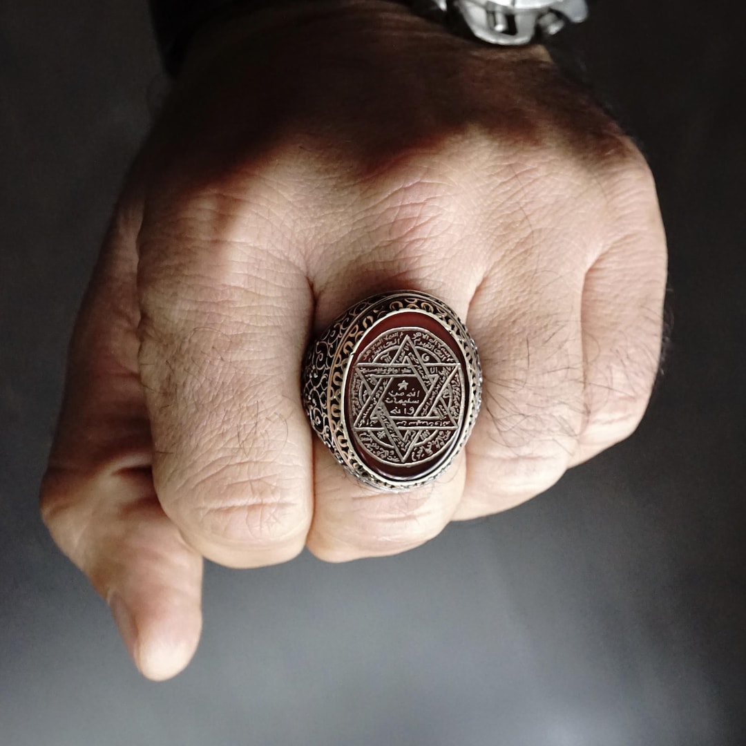 Seal of Solomon Ring, Hand-engraved Natural Aqeeq Stone, Artisan ...