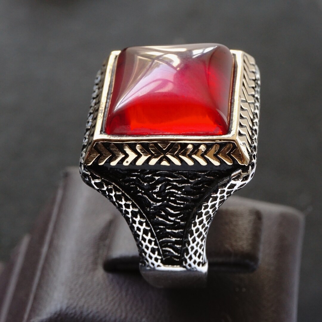 Silver Mens Ring Red Ruby Sugarloaf Cut Stone 925 Sterling Turkish ...