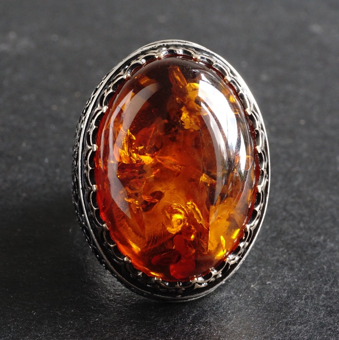 925 Sterling Silver Mens Ring Bakelite Amber Large Unique | Etsy