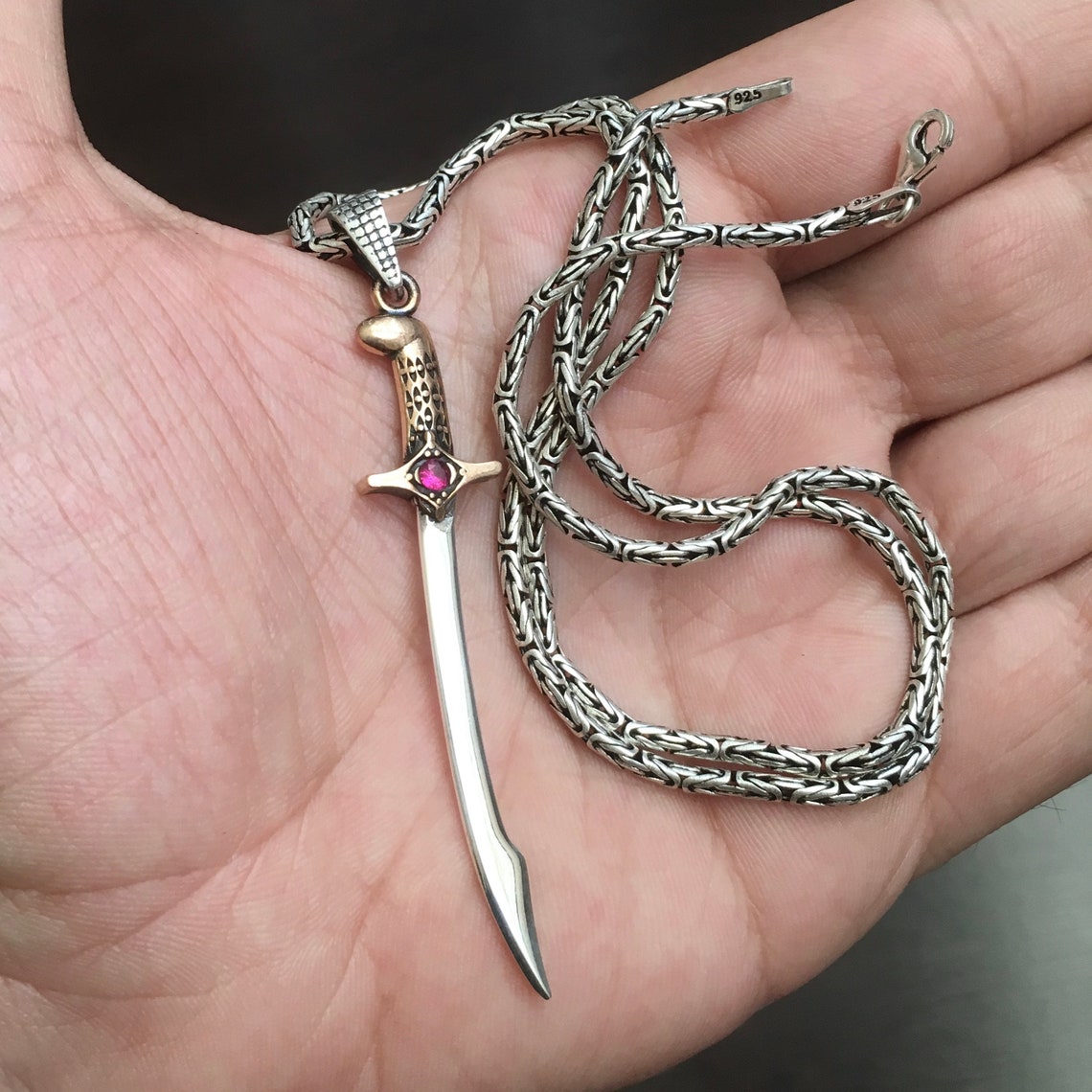 Sterling Silver Sword Pendant With Ruby & Kings Chain Necklace - Etsy