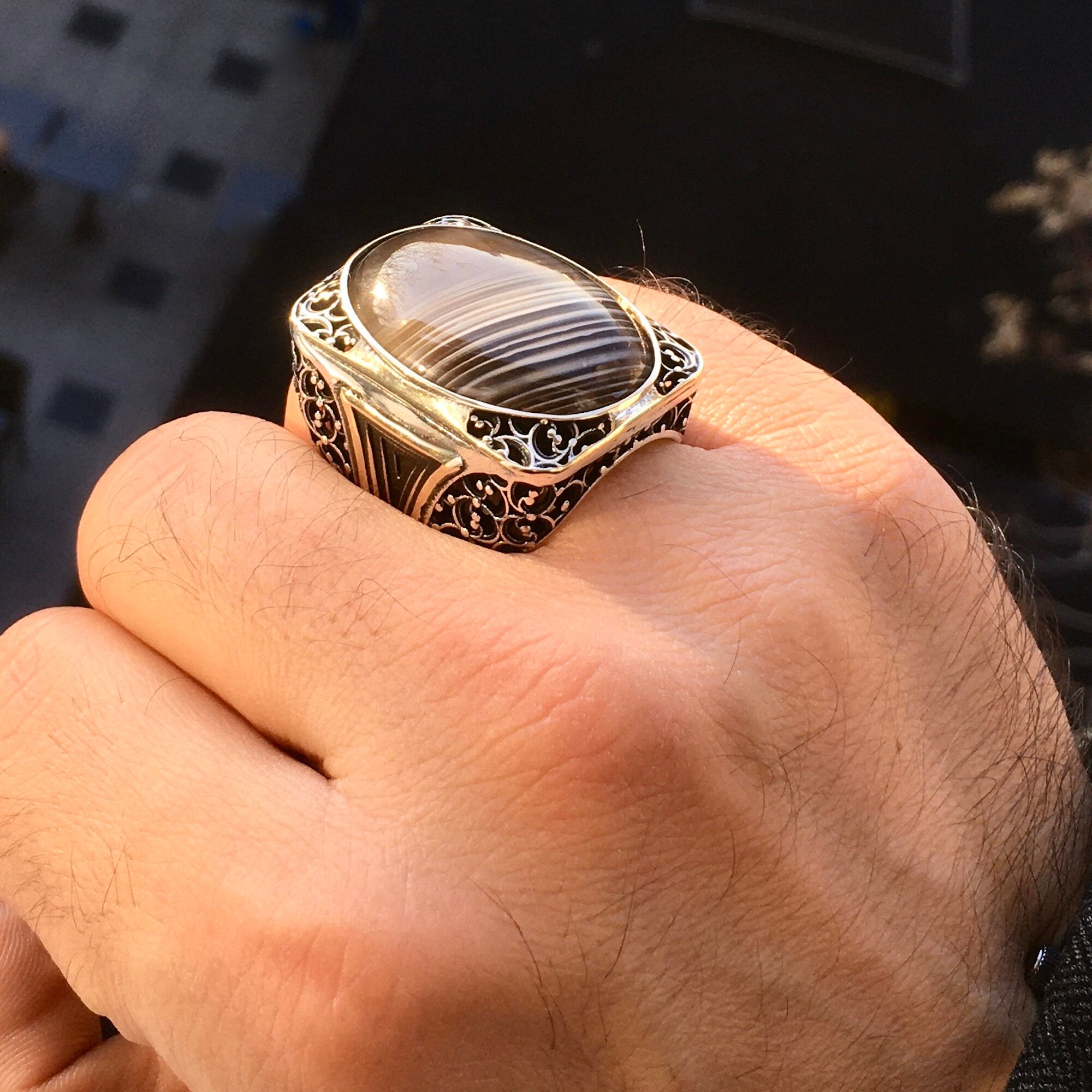 Sterling Silver Big Mens Ring Banded Botswana Agate Aqeeq - Etsy