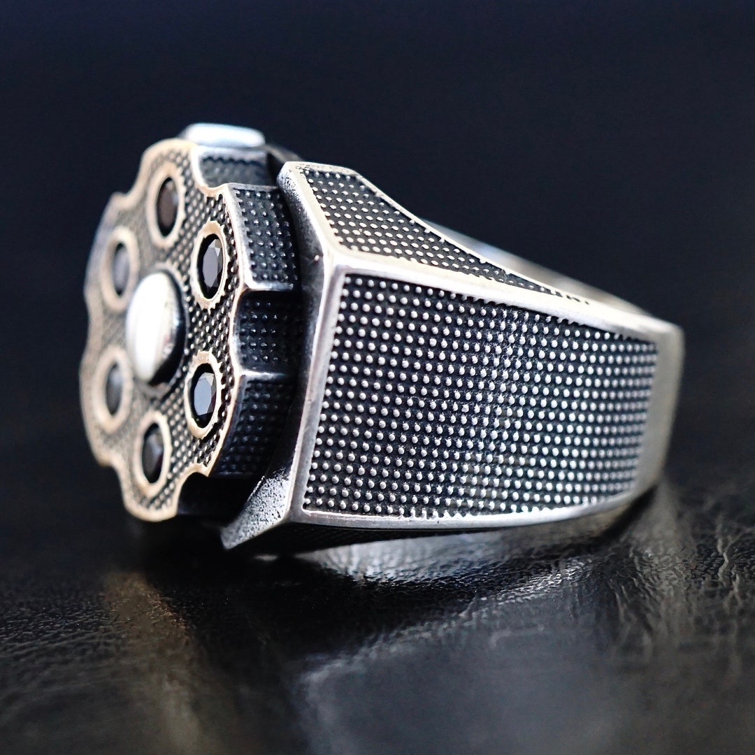 Silver Mens Six Shooter Ring Black Diamond Solid Sterling 925 Bullet ...