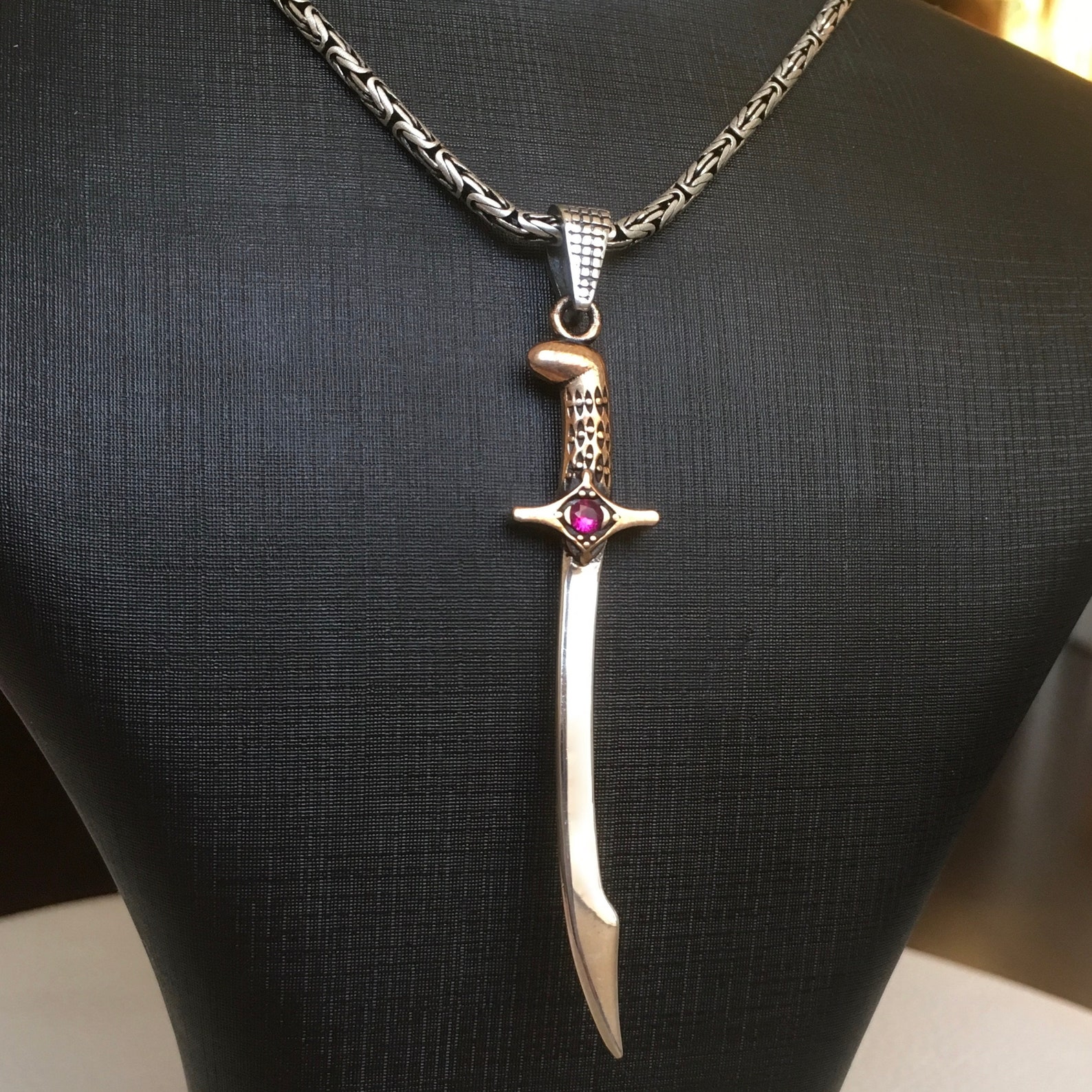Sterling Silver Sword Pendant With Ruby & Kings Chain Necklace - Etsy