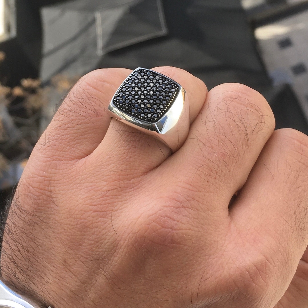 Sterling Silver Mens Pave Signet Ring Black Diamond Artisan Designer ...