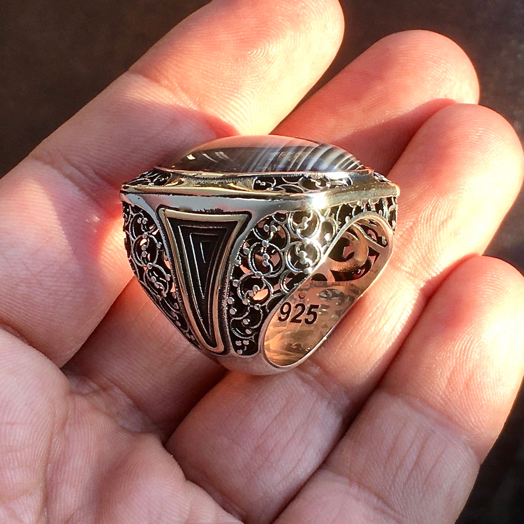 Sterling Silver Big Mens Ring Banded Botswana Agate Aqeeq - Etsy