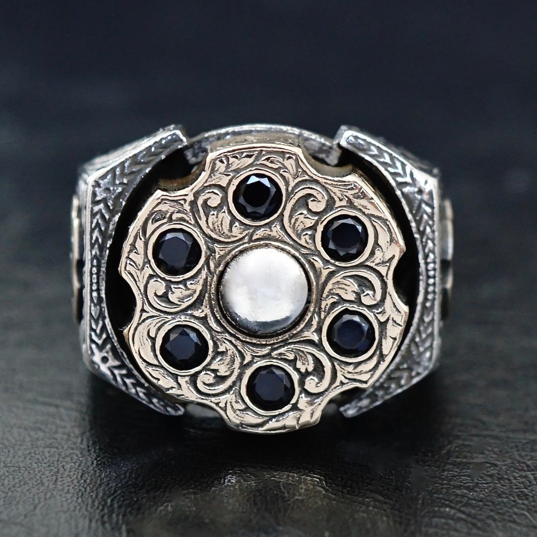 Black Diamond Spinning Ring Six Shooter Revolver Sterling Silver Unique ...
