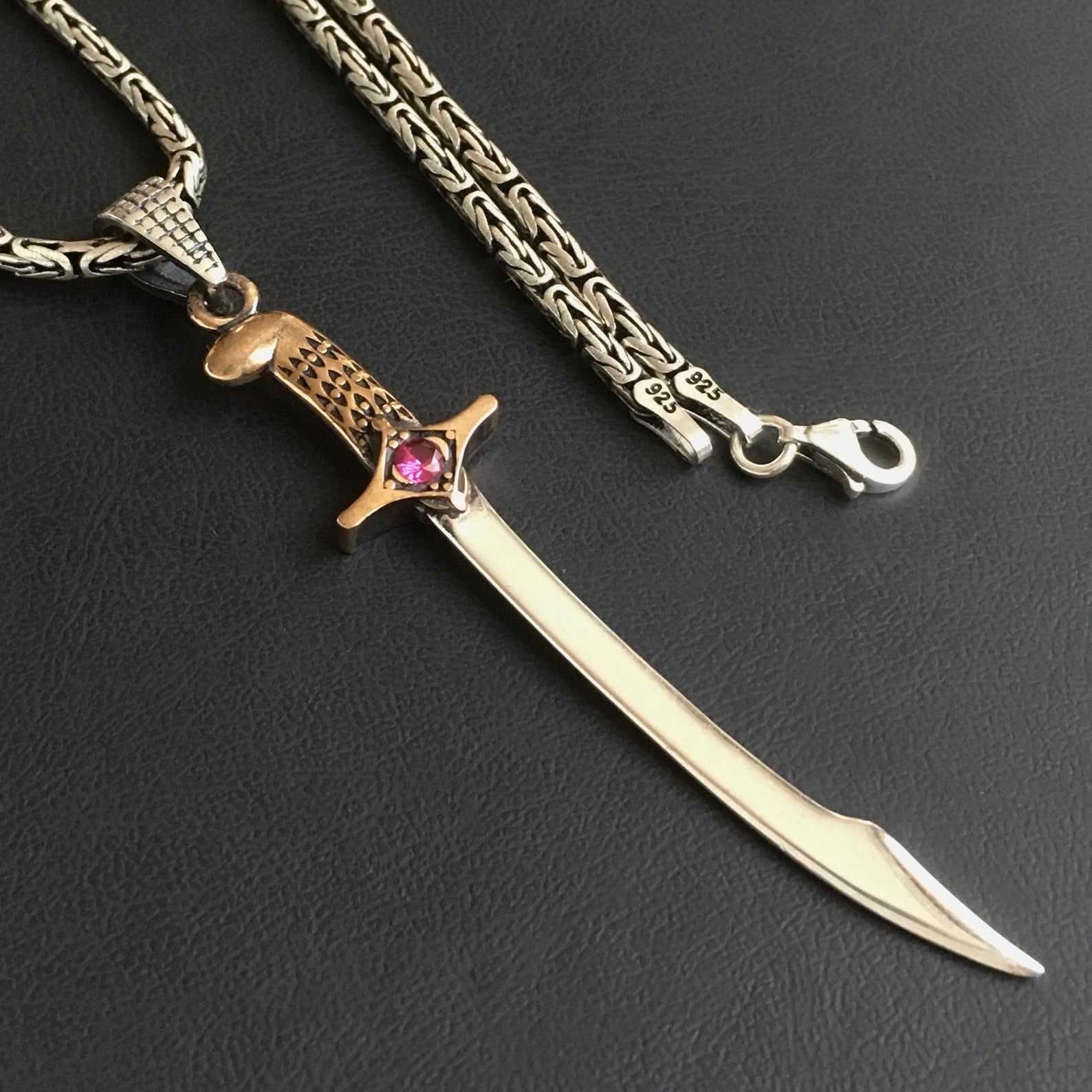 Sterling Silver Sword Pendant With Ruby & Kings Chain Necklace - Etsy