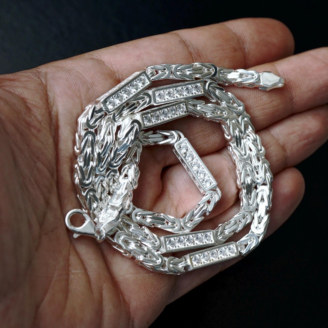 Sterling Silver Byzantine Kings Chain Necklace: Clear Zirconia, Mens ...