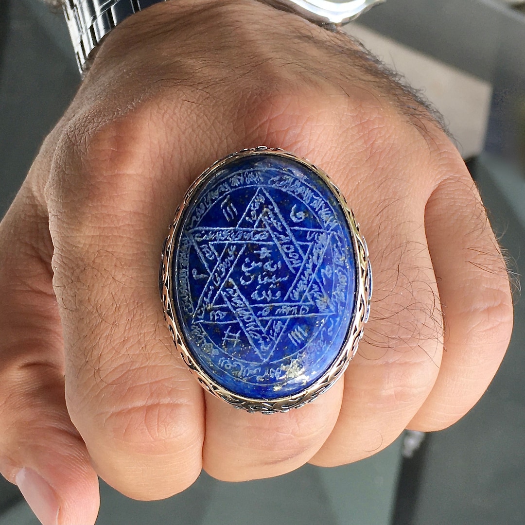 Huge Seal of Solomon Ring Hand-engraved Lapis Lazuli Solid 925 Sterling ...