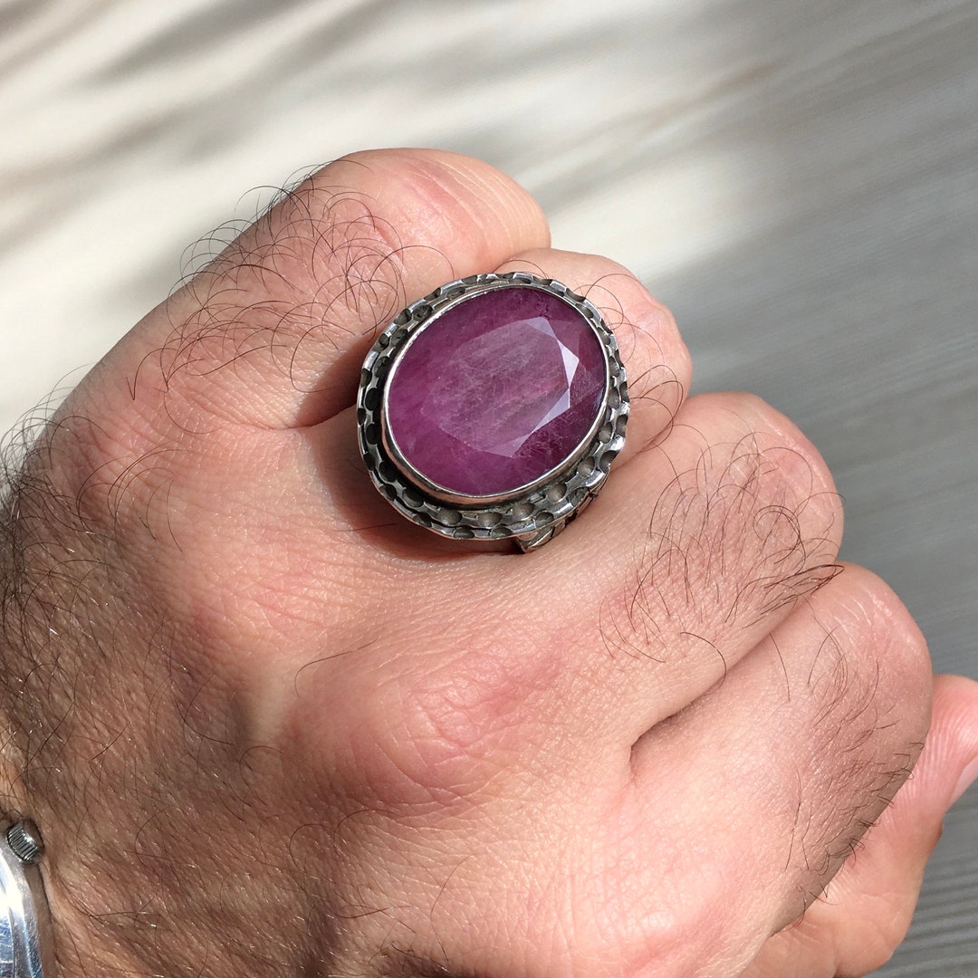 Sterling Silver Big Ruby Corundum Unique Handmade Mens Ring Natural ...