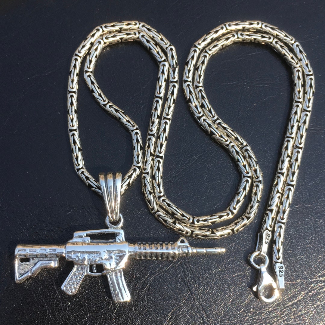 925 Sterling Silver Necklace KALASHNIKOV Pendant AK47 Byzantine Kings ...