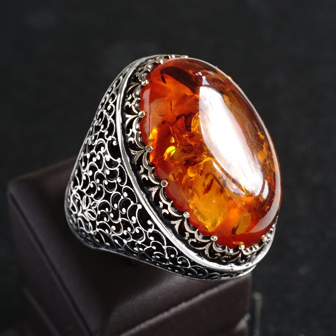 925 Sterling Silver Mens Ring Bakelite Amber Large Unique | Etsy