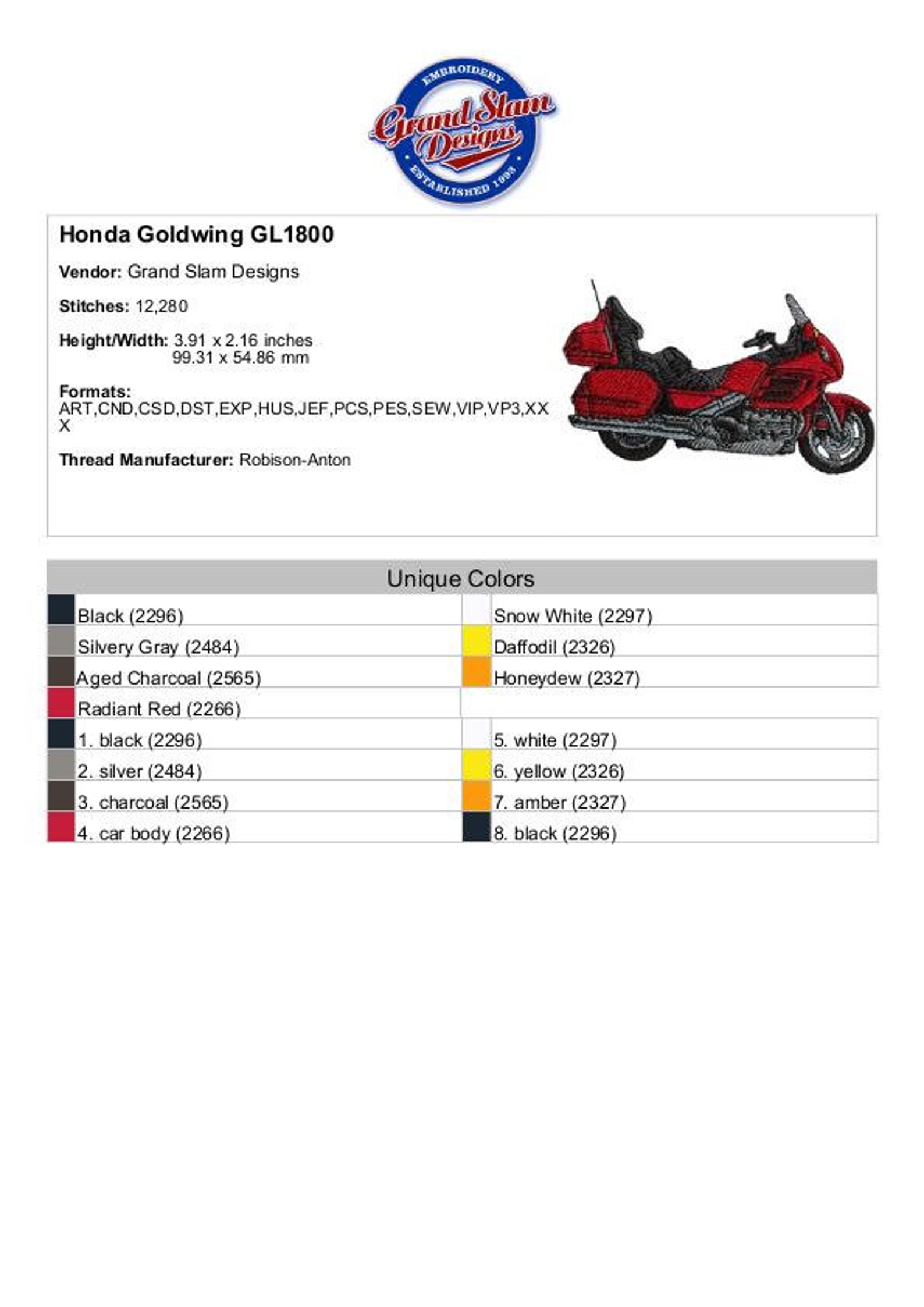 Honda Goldwing Gl1800 - Machine Embroidery Design, Embroidery Designs ...