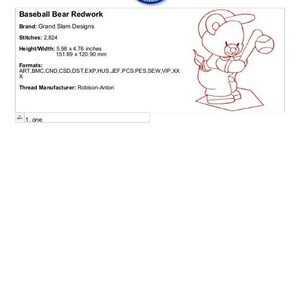Baseball Bear Redwork Machine Embroidery Design (digital Download) - Etsy