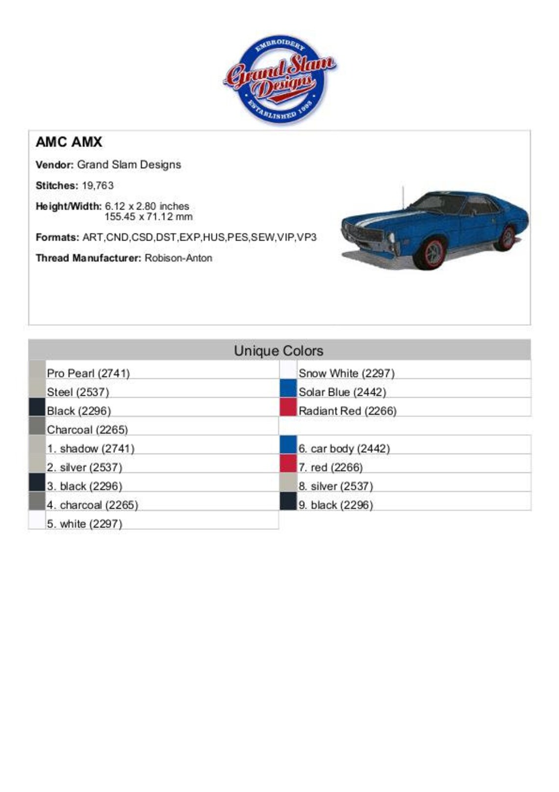 Amc Amx Muscle Car - Machine Embroidery Design, Embroidery Designs ...