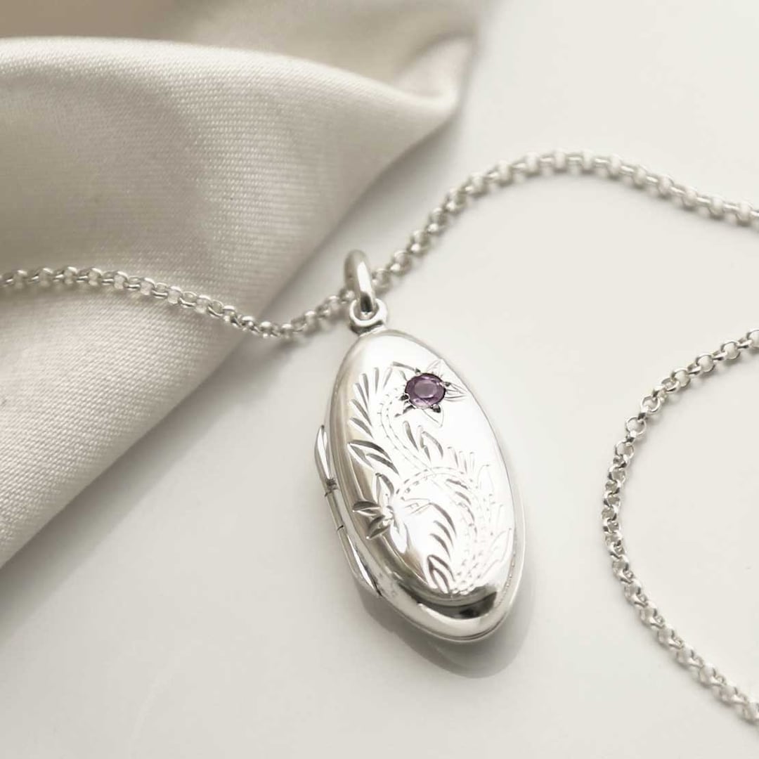 Sterling Silver Oval Locket Necklace With Amethyst - Etsy UK