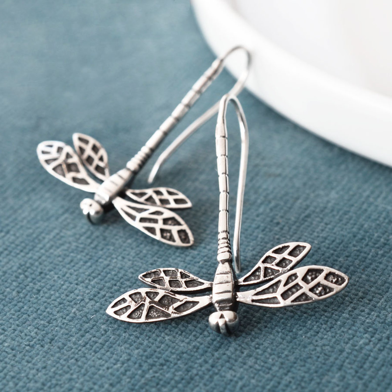 Sterling Silver Dragonfly Drop Earrings - Etsy