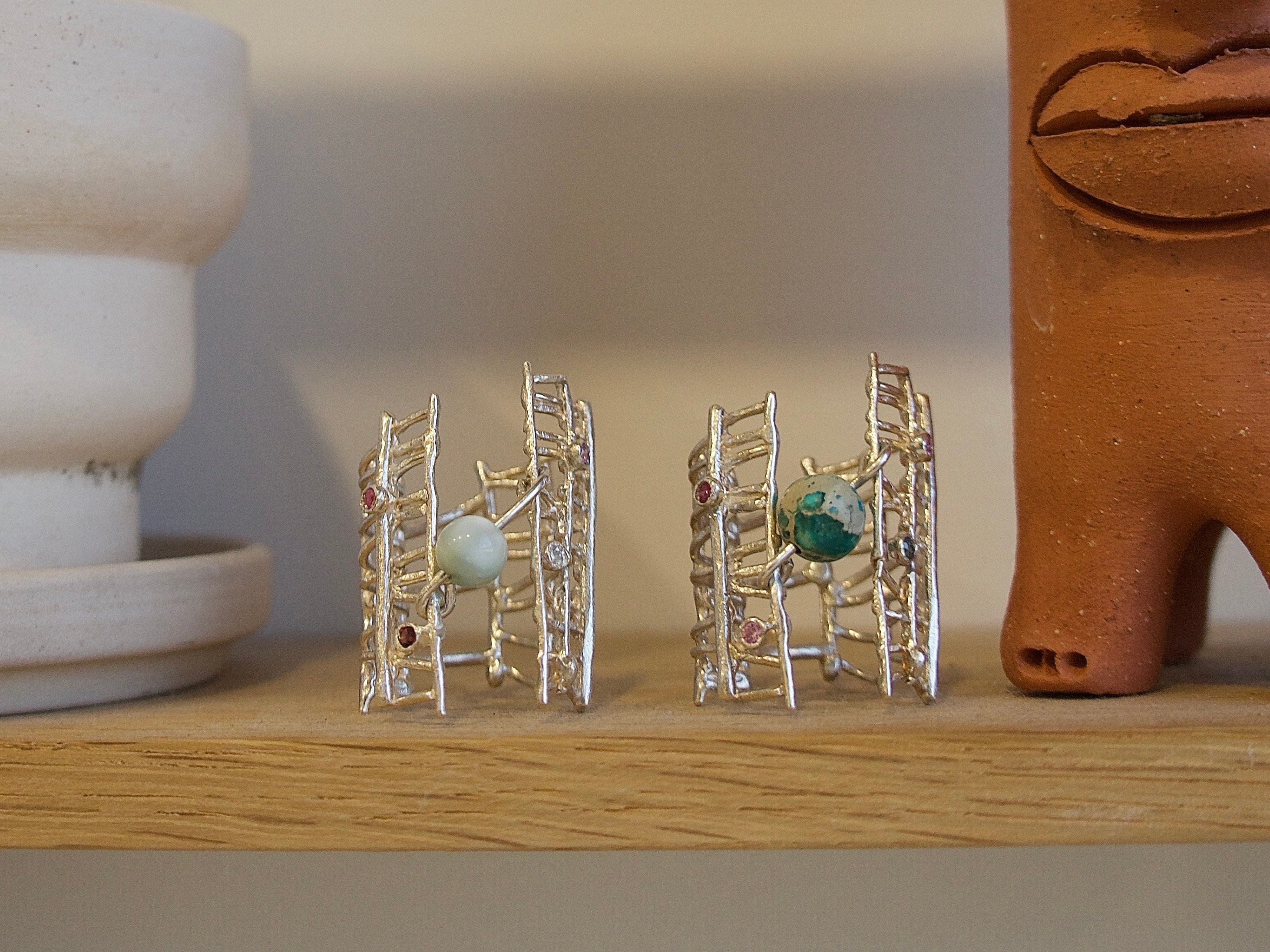 Handmade Ladder Ring tizi Silver Ring Moonstone Turquoise Diamond ...