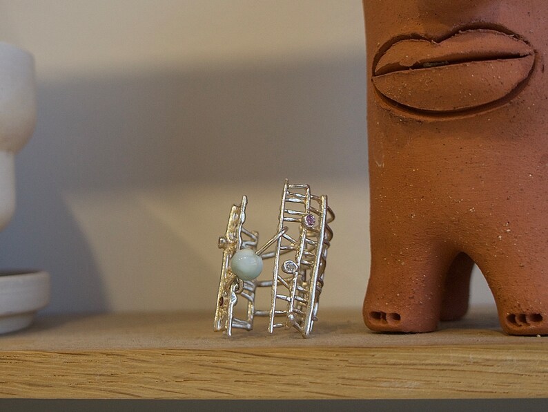 Handmade Ladder Ring tizi Silver Ring Moonstone Turquoise Diamond ...