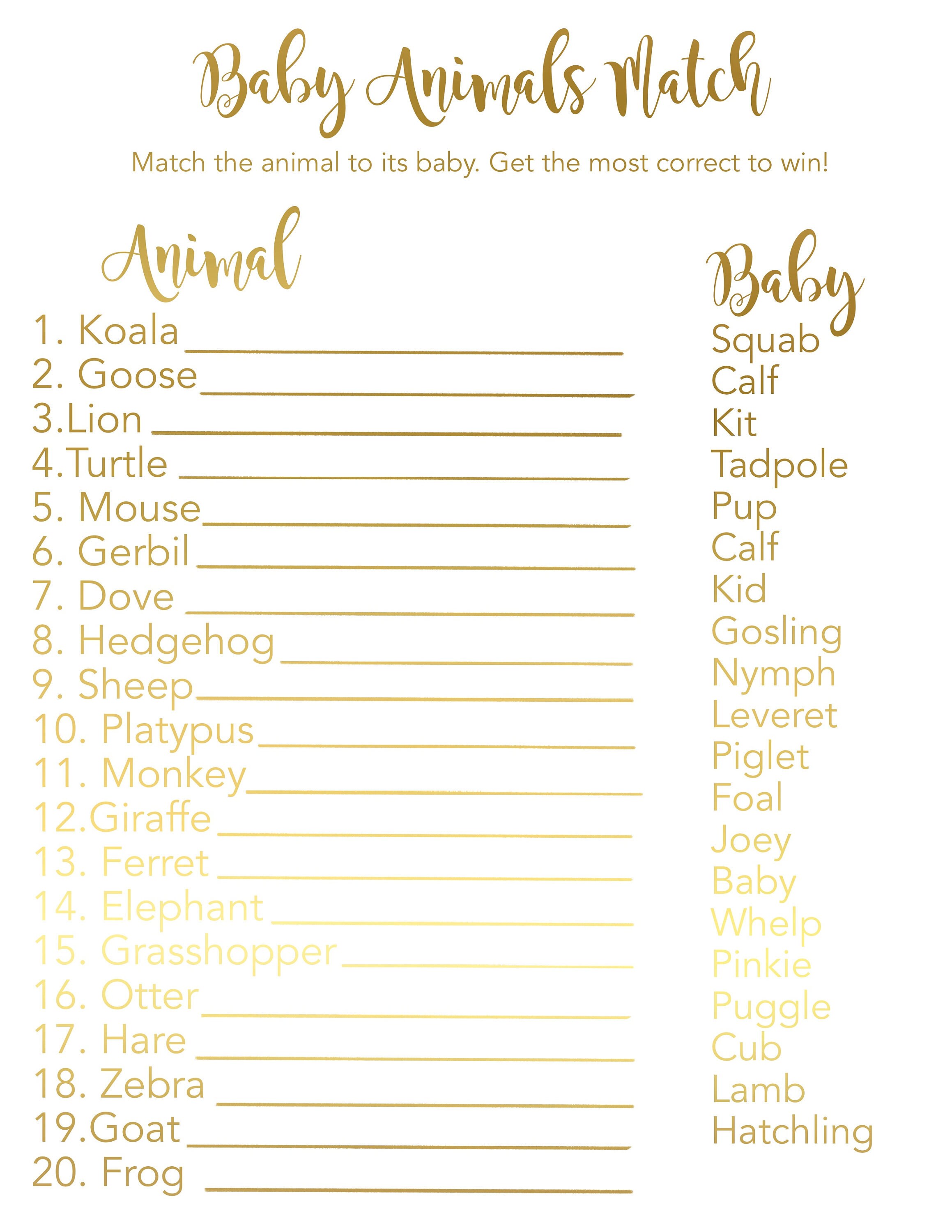 Baby Animals Match Game: Gold Baby Shower Activity (digital Download ...