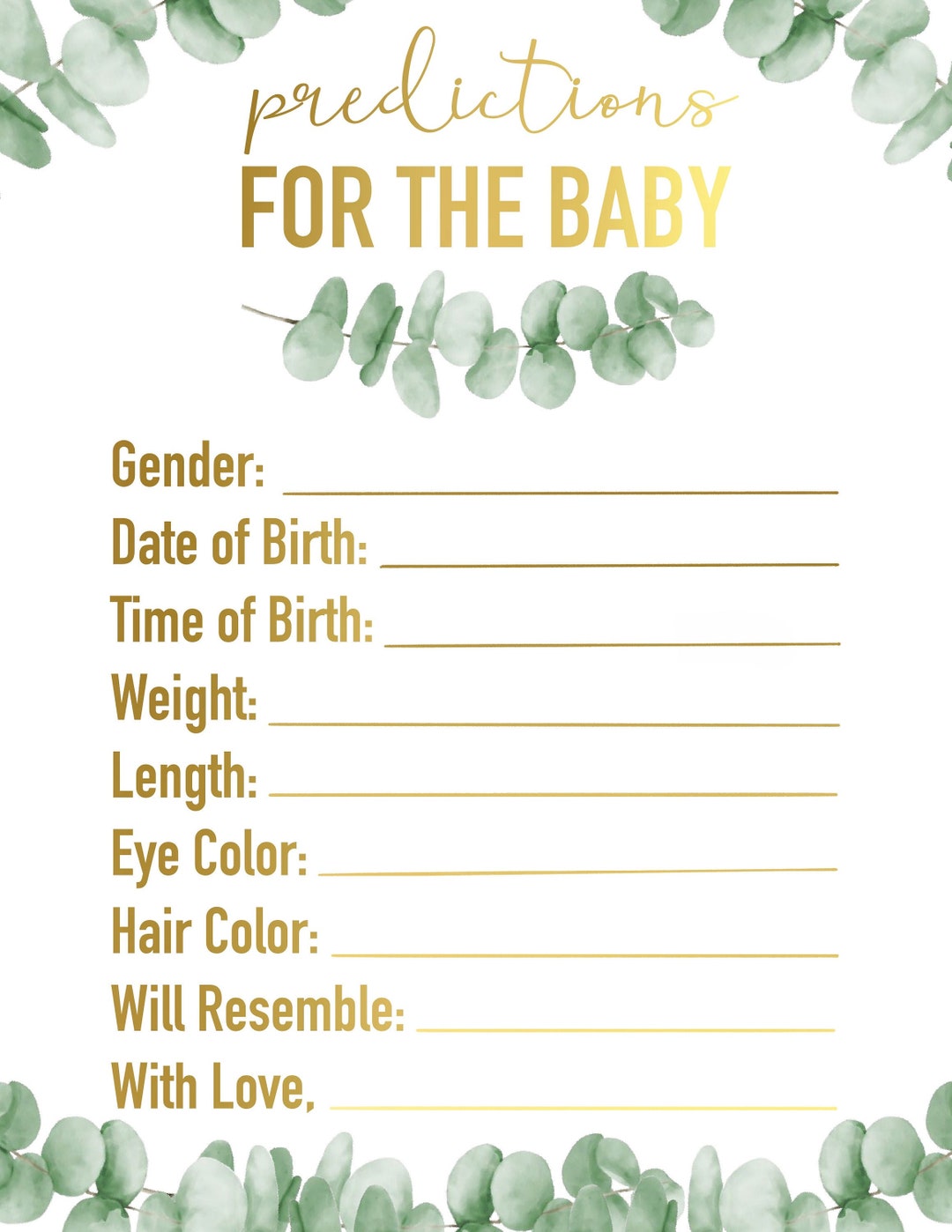 Eucalyptus Baby Shower Prediction Card: Gold Lettering (digital ...