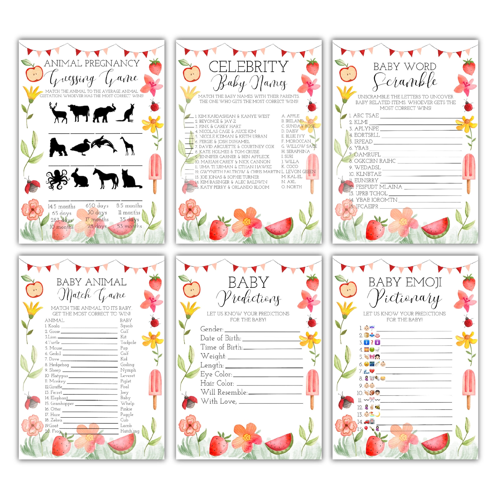 6 Summer Picnic Themed Baby Shower Game Printable Pack L Bundle Set L 6 ...