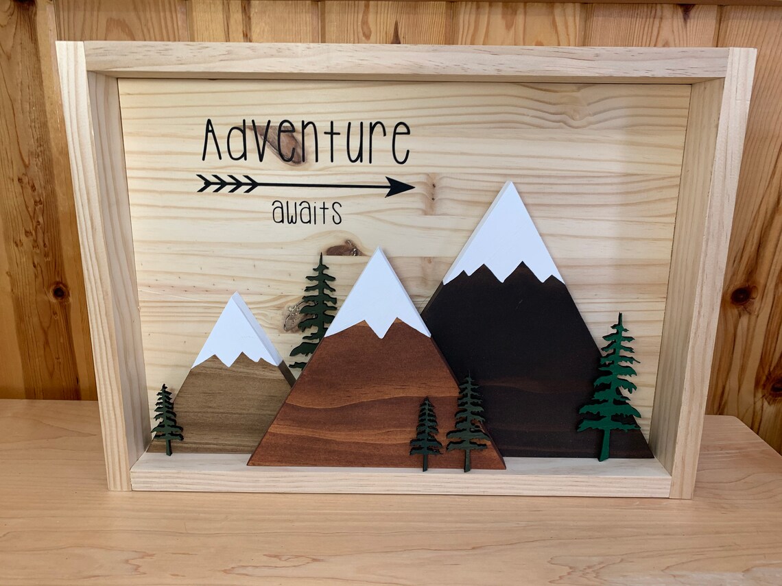 Framed Adventure Awaits 3D Trees and Mountain Range Wall Art | Etsy
