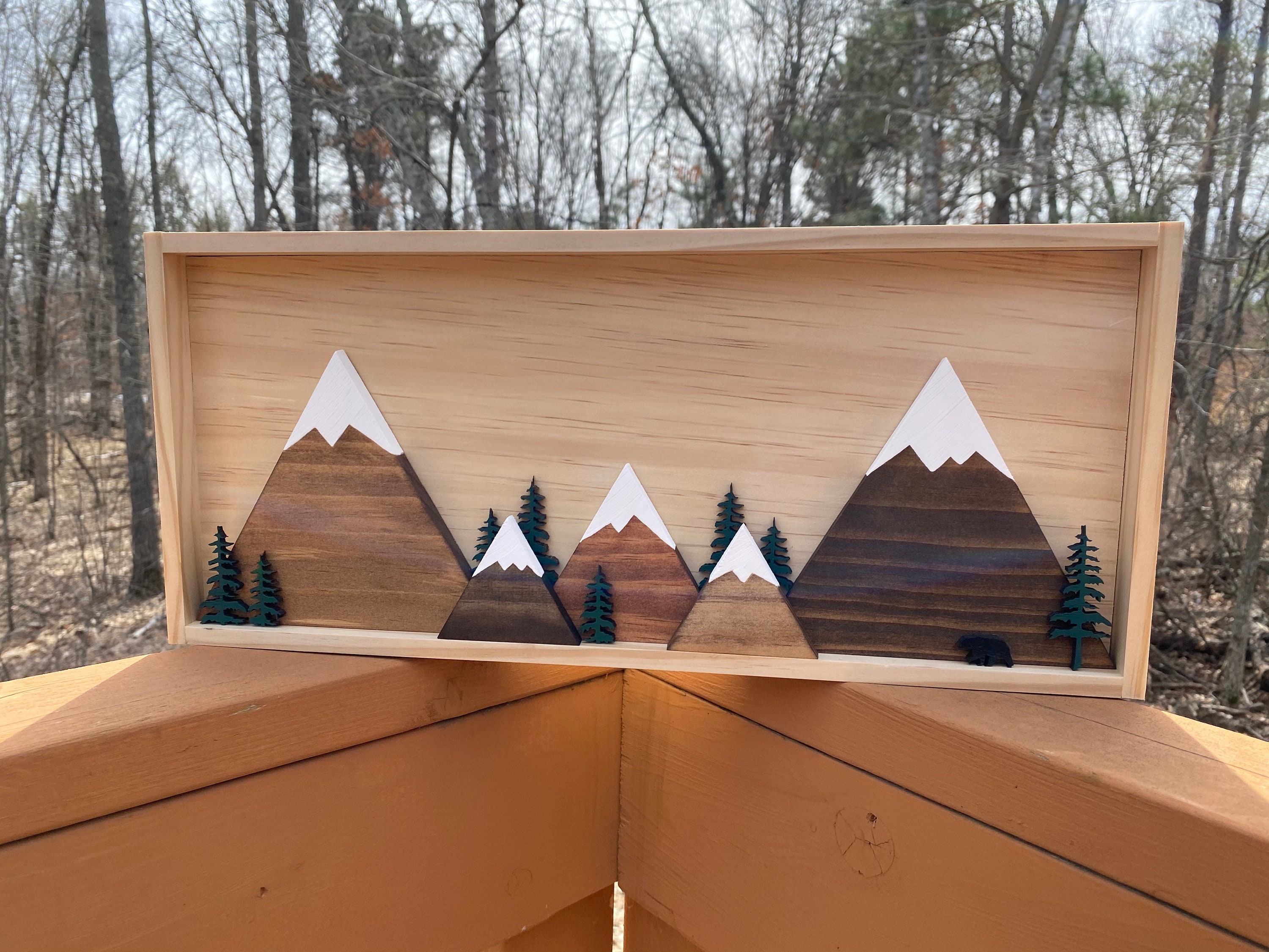 Customizable Small Framed Mountain Range Wall Art With Bear Cabin Decor ...