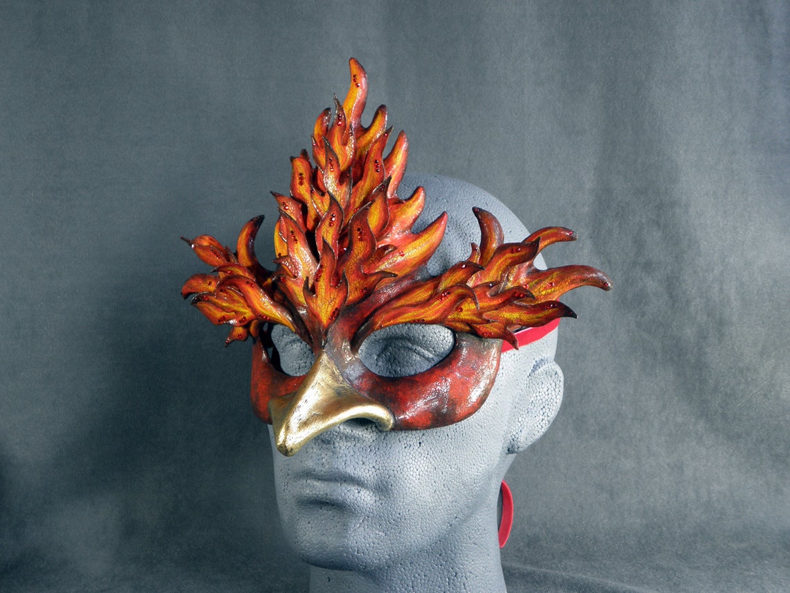 Tiny Firebird, Phoenix Red and Orange Masquerade Mask With Sparkling ...