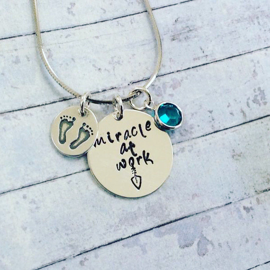 Sterling Silver Pregnancy Necklace: Miracle at Work, Baby Footprints ...