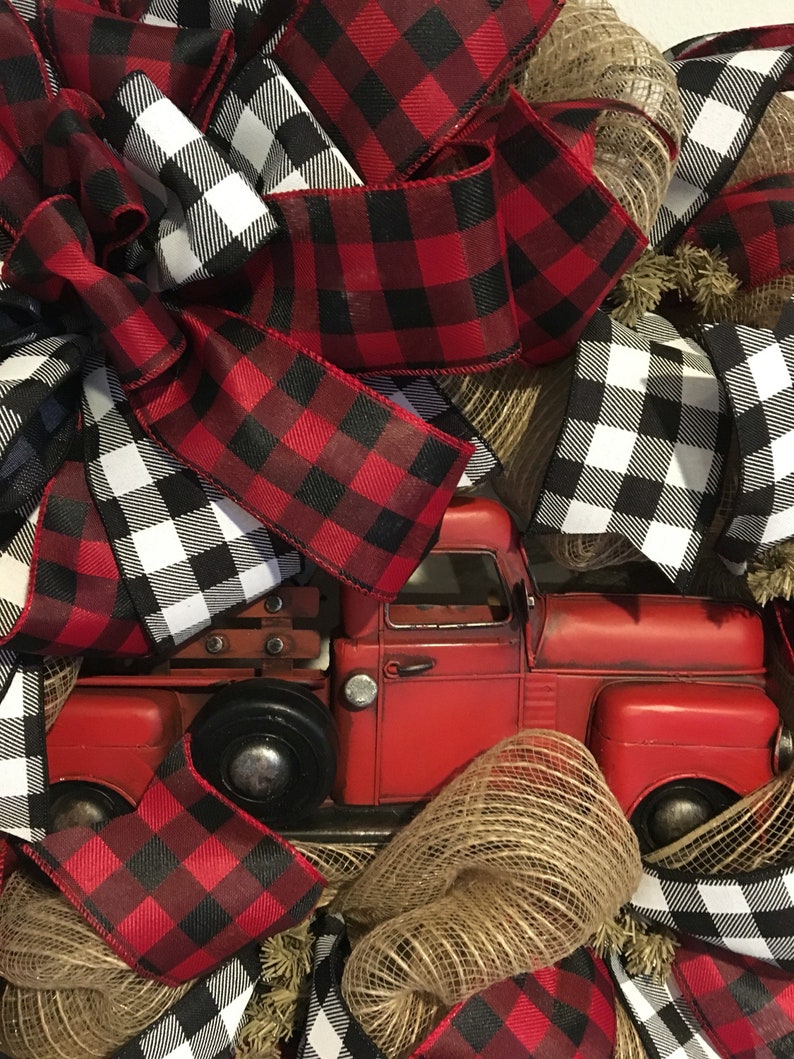 Red Truck Wreath Is Made Using Burlap Base Buffalo Plaid Red And