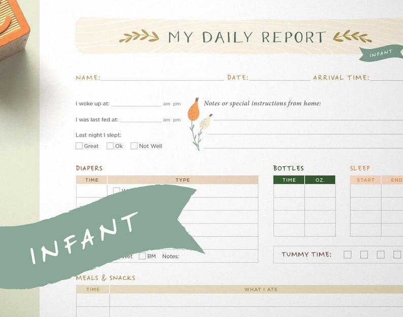 Infant Daily Log / Daycare, Nanny, Babysitter or Childcare Report ...