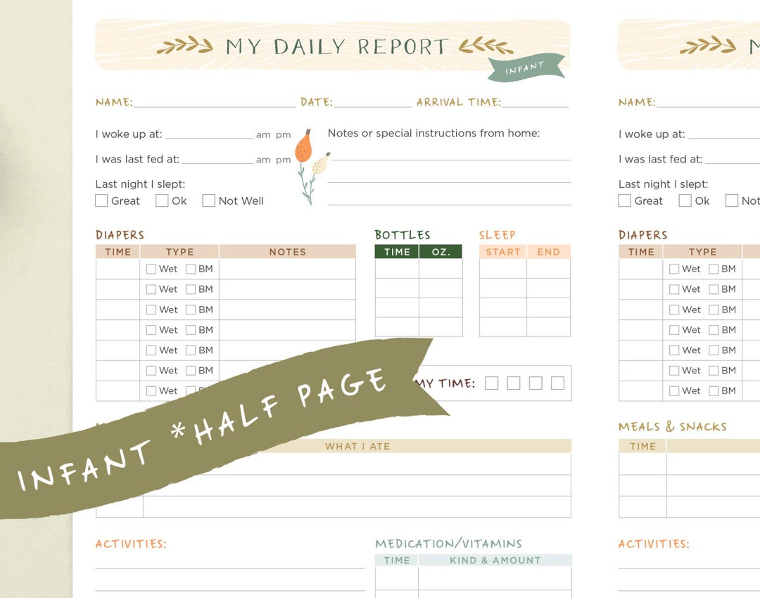 Infant Half-page Daily Log / *2 PER PAGE* / Daycare, Nanny, Babysitter ...