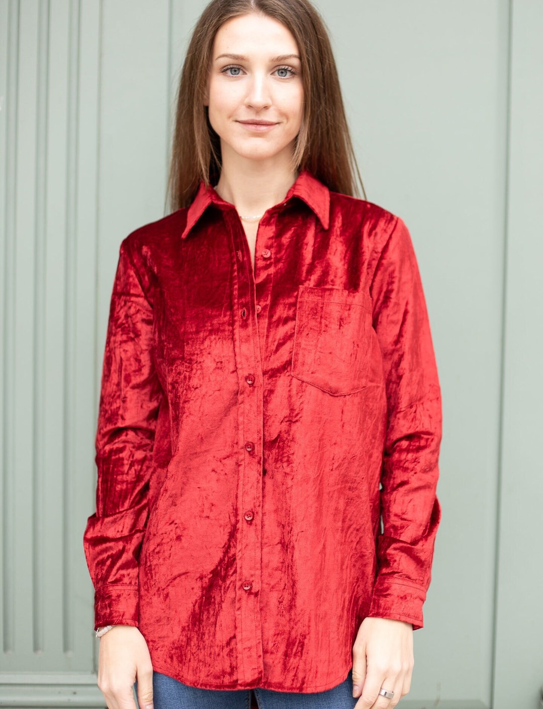 Red Velvet Long Sleeve Shirt Fall Velvet Streetwear Shirts Long Sleeve ...