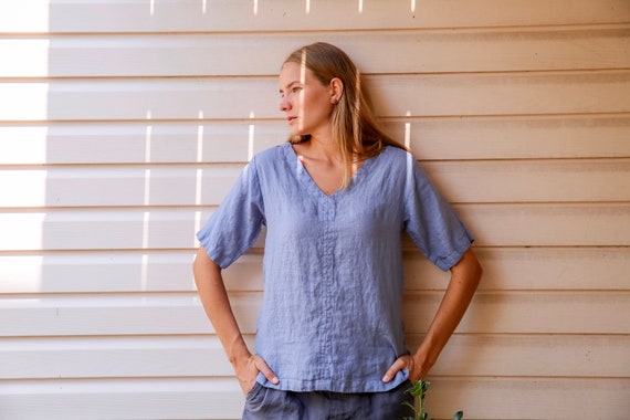 Linen V Neck Top Linen Top - Etsy