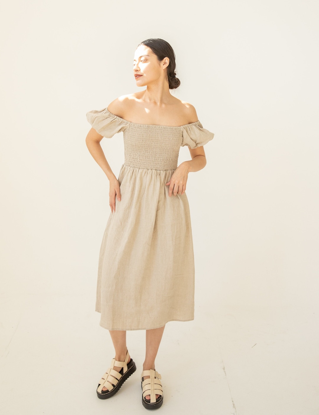 Linen Smocked Dress , Linen Romantic Dress , Linen Puff Sleeve Dress ...