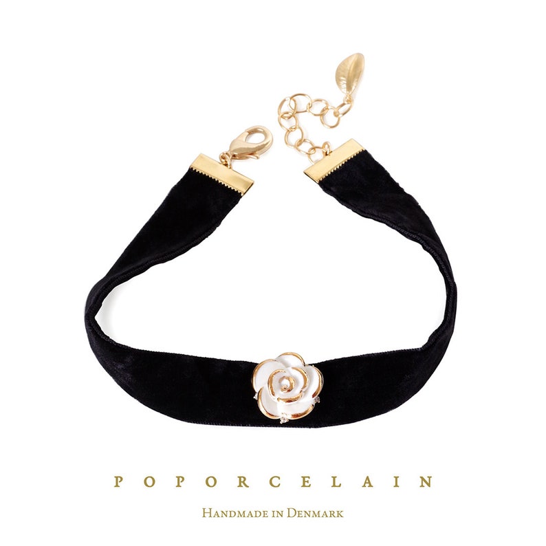 Golden White Cloud Rose Navy Velvet Choker N_019N Porcelain - Etsy