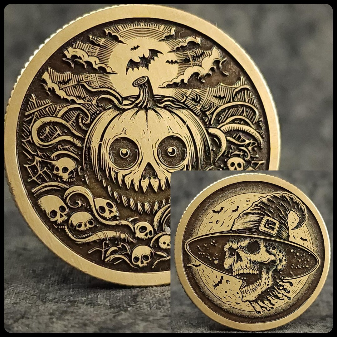 Brass Coin - Halloween - Pumpkin Patch - Skull Witch - Etsy