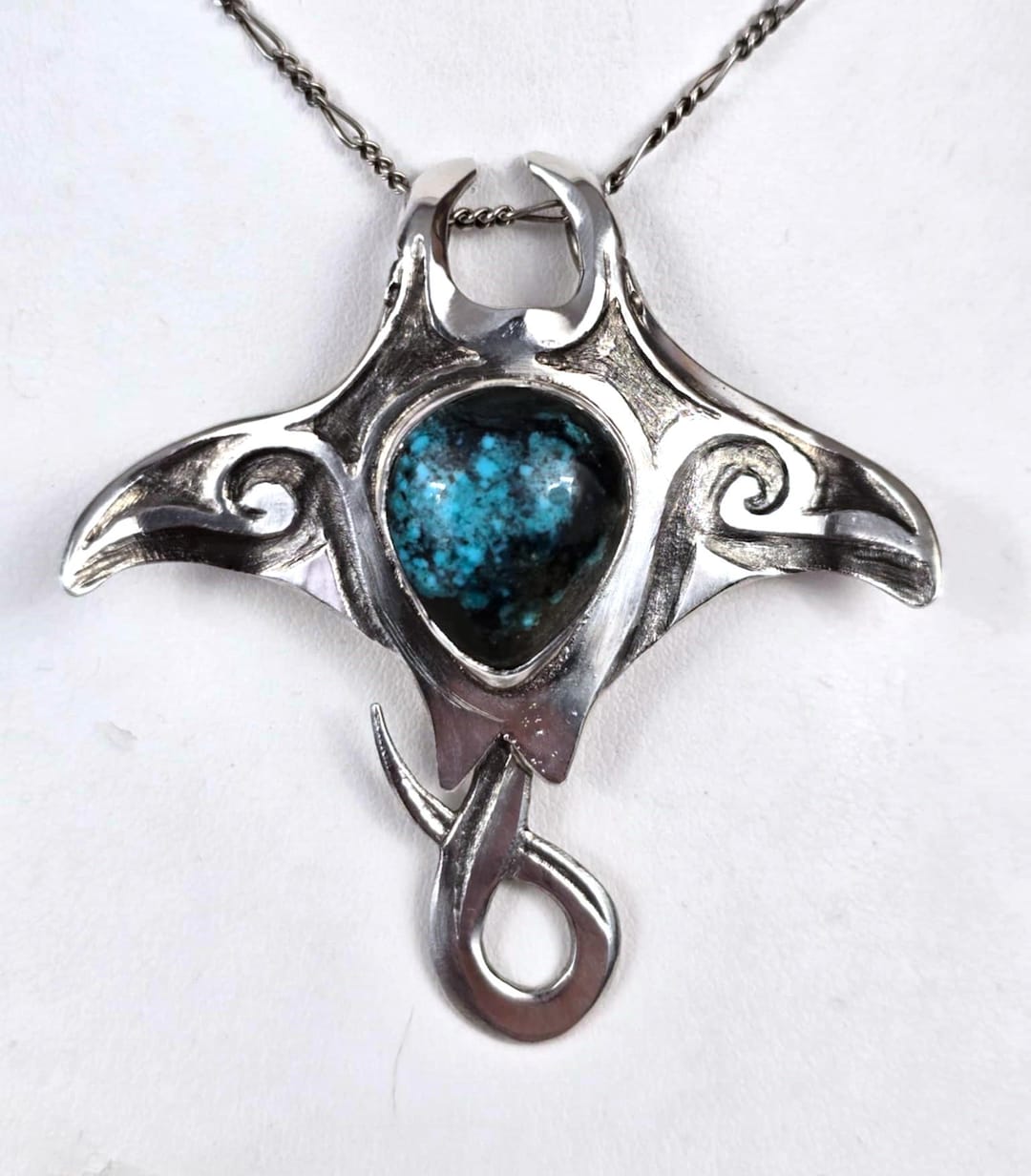 Silver Manta Ray Tribal Pendant Brooch 925 Turquoise Artisan Handmade ...