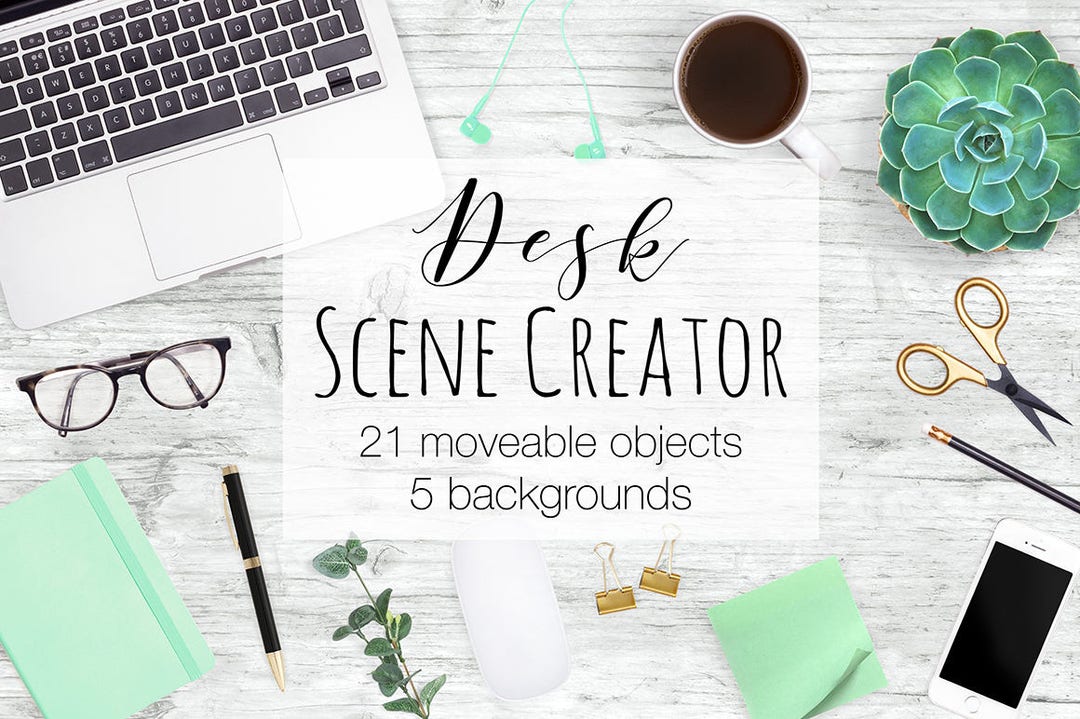 Desk Scene Creator, Top View Moveable Mockup, Card Mock Up, Mint and ...