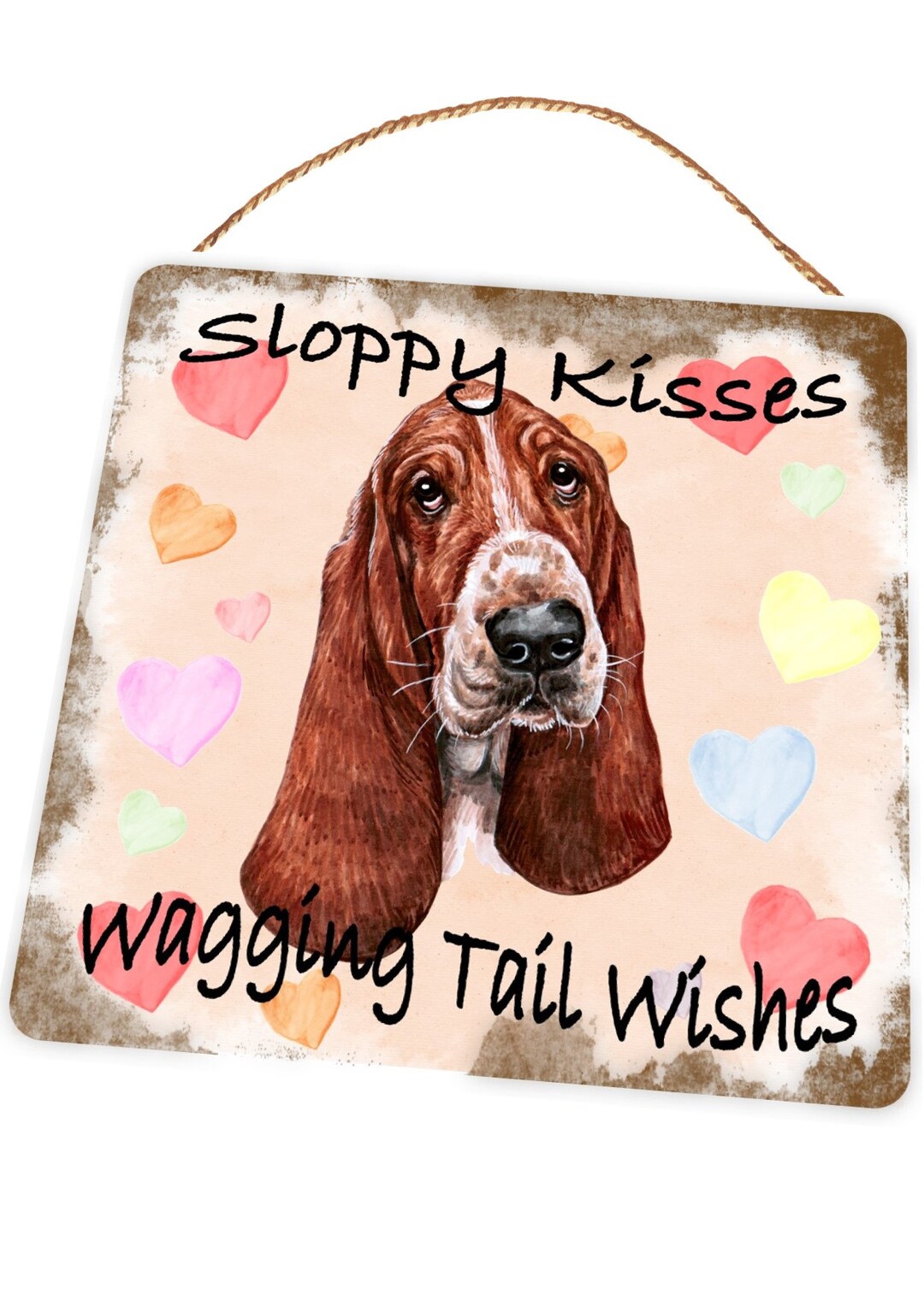 Basset Hound Sign Aged Effect Wall Plaque Sign With Rustic Hanging Cord ...