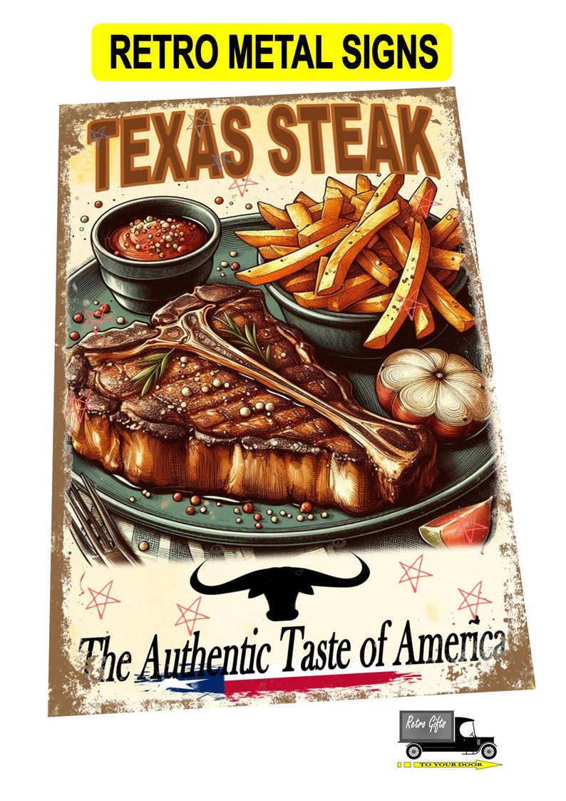 Vintage Texas Steak House Metal Sign: Retro American Diner Wall Decor ...