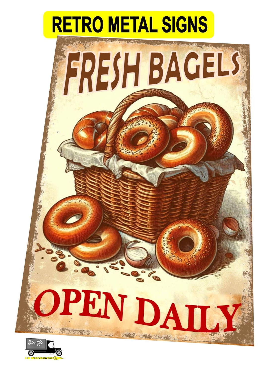 Vintage Bagels Advertising Metal Sign Retro Metal Bagel Sign, Bagel ...