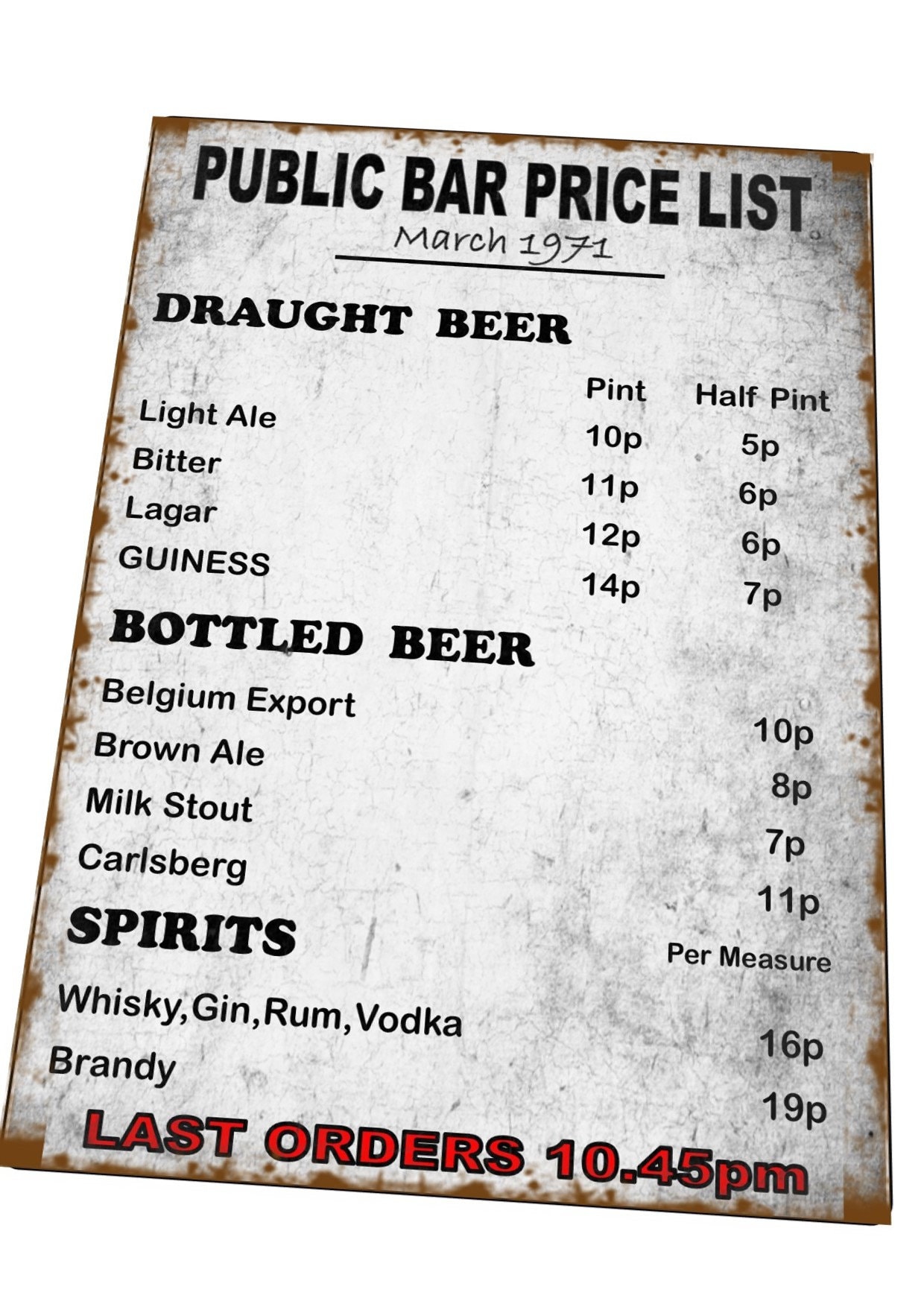 1970s Vintage Retro Pub Sign Bar Prices Metal Man Cave Sign Wall Plaque ...