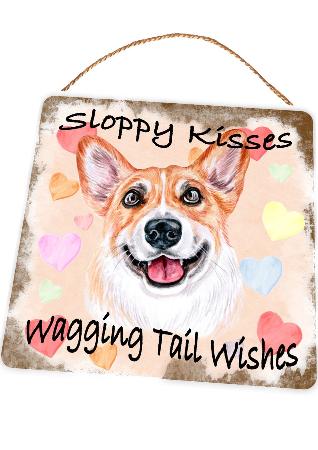 Welsh Corgi Sign Aged Effect Wall Plaque Sign With Rustic Hanging Cord ...