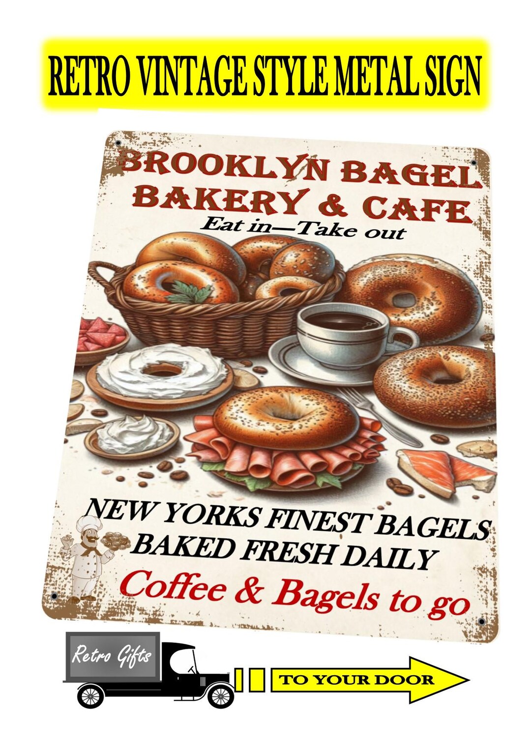 Vintage New York Bagel Bakery Café Sign Bygone Era Metal Sign, New York ...