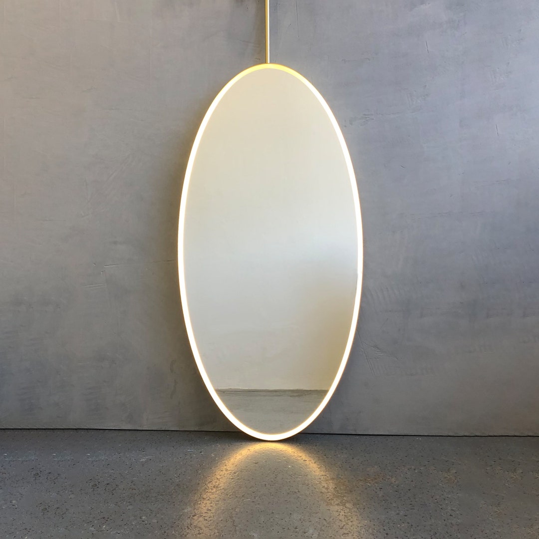 Ovalis Ceiling Suspended Front Illuminated Oval Mirror With Brass Frame ...